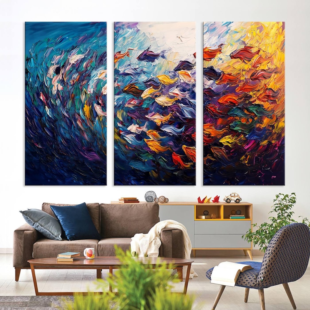 Abstract Fish Shoal Wall Art, Colorful Fish Herd Painting on Canvas ...
