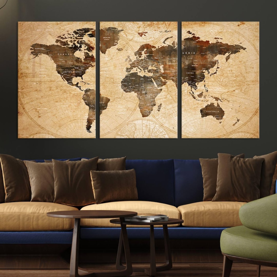 Vintage World Map, Framed Canvas Wall Map, Rustic Triptych World Map ...