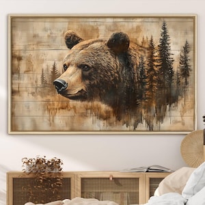 Abstract Rustic Grizzly Bear Wall Art Canvas Print - Woodland Wildlife ...