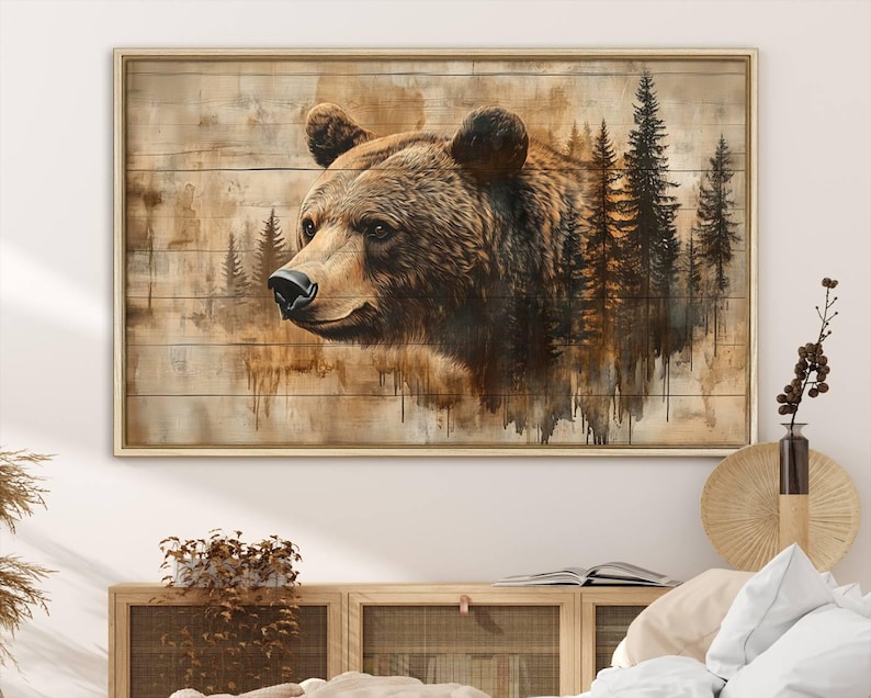 Abstract Rustic Grizzly Bear Wall Art Canvas Print - Woodland Wildlife ...