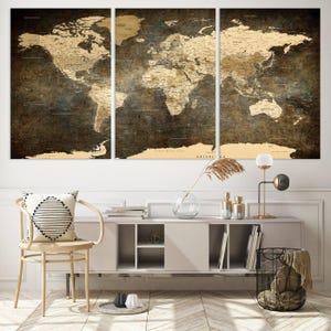 Vintage World Map Print, 3 Multi Panel Map, World Map Canvas Art ...