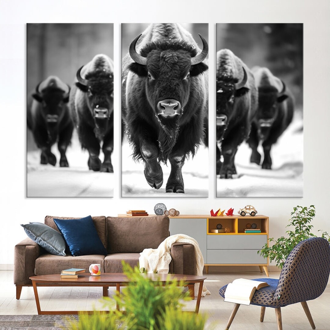 American Bison Herd Black and White Wall Art Rustic Wildlife Canvas ...