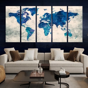 Watercolor Blue World Map Wall Art Canvas Print for Home and Office ...