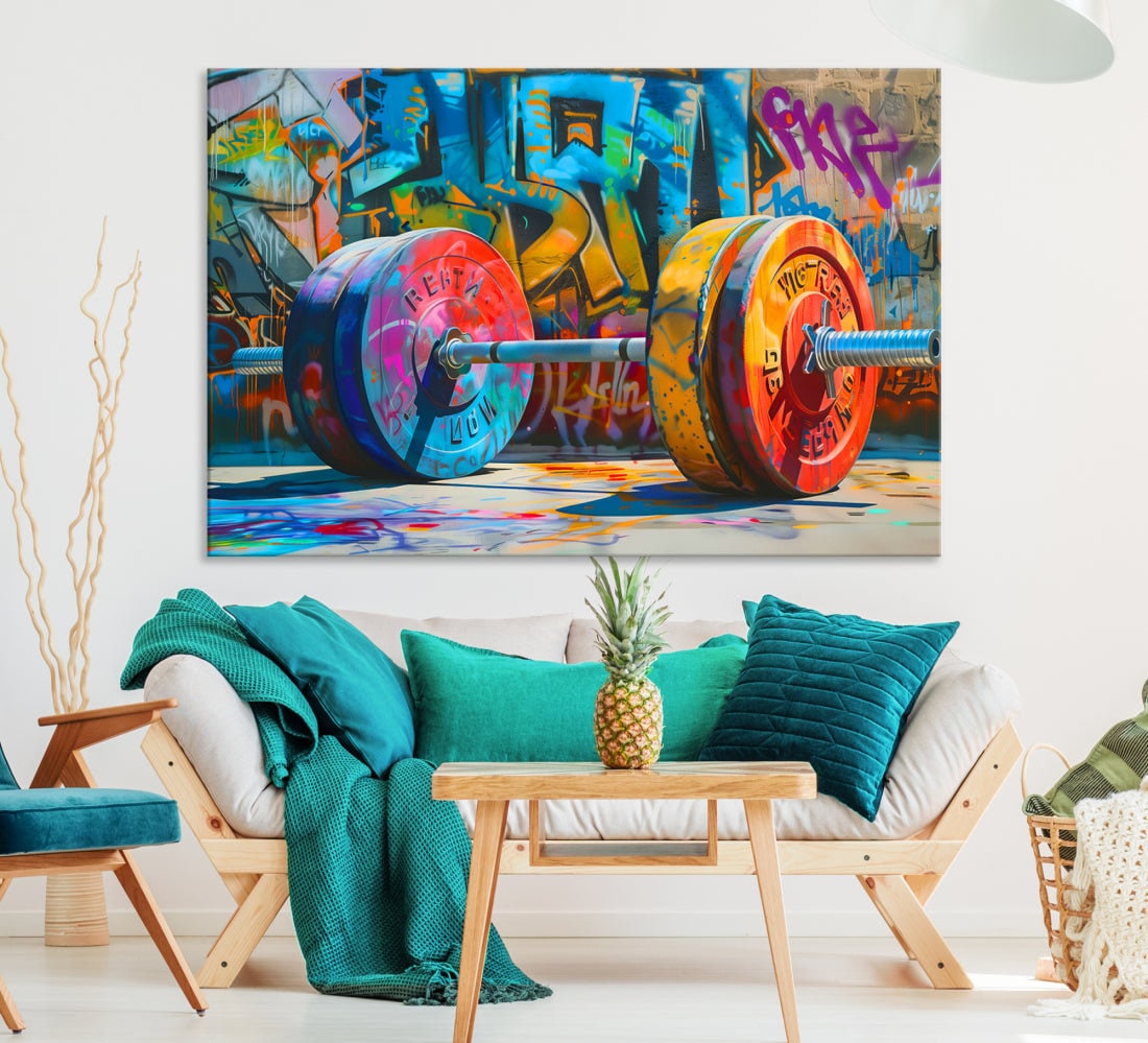 Fitness Wall Decor | Gym Canvas Wall Art | Barbell Graffiti Print ...