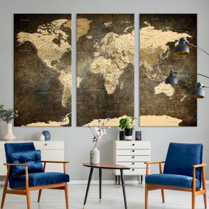 Vintage World Map Print, 3 Multi Panel Map, World Map Canvas Art ...