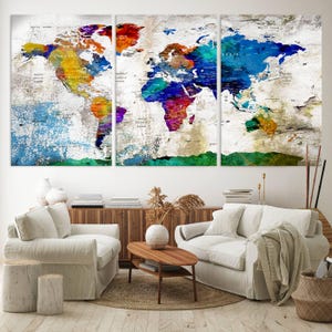 Rustic Blue World Map 3-panel Framed Wood Style Map Wall Art Ready-to ...