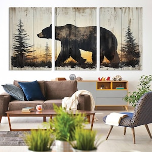Rustic Bear and Mountain Wood Canvas Wall Art, Framed Nature Artwork ...