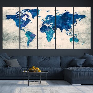 Watercolor Blue World Map Wall Art Canvas Print for Home and Office ...