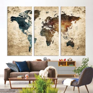 Rustic World Map Canvas Print, Framed Vintage Wall Art for Living Room ...