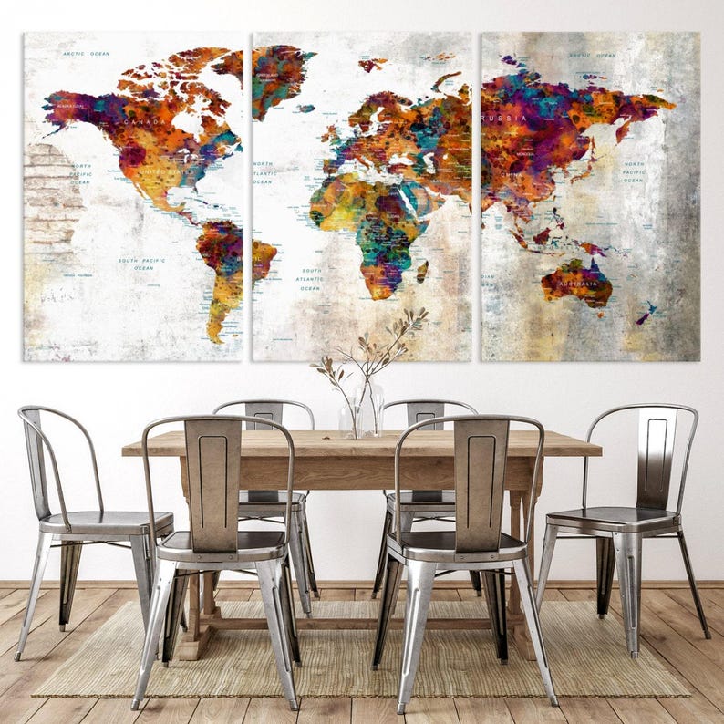 Vibrant 3-panel World Map Canvas Art – Grunge Map Framed and Ready to ...