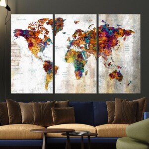 Vibrant 3-panel World Map Canvas Art – Grunge Map Framed and Ready to ...