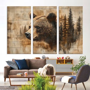 Abstract Rustic Grizzly Bear Wall Art Canvas Print - Woodland Wildlife ...