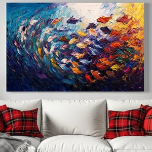 Abstract Fish Shoal Wall Art, Colorful Fish Herd Painting on Canvas ...