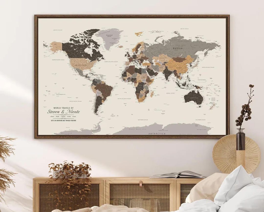 Personalized Push Pin World Map, Framed Travel Tracker Wall Art - Etsy