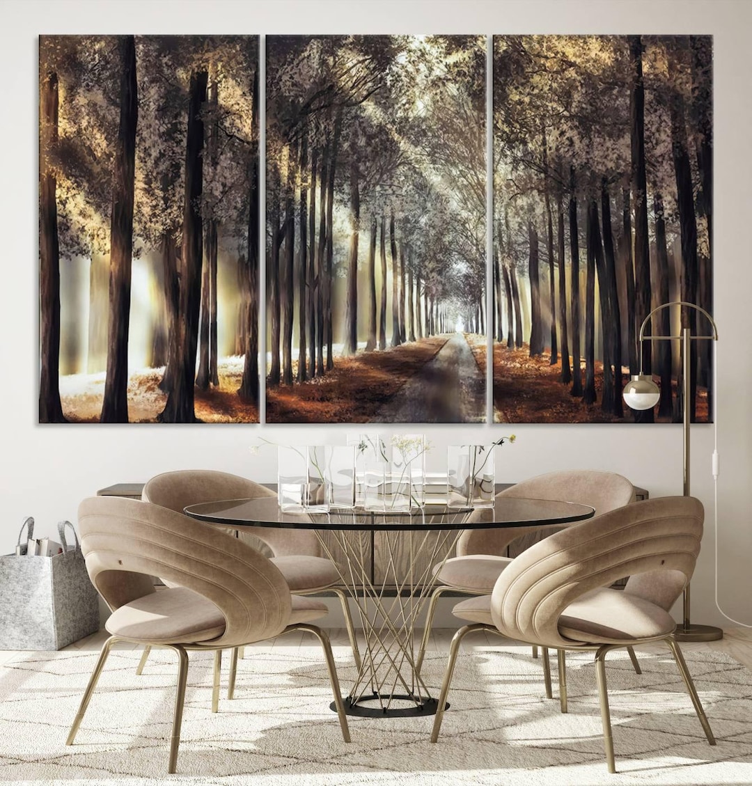 Golden Forest Path Canvas Wall Art Print, Triptych Woodland Scene Print ...