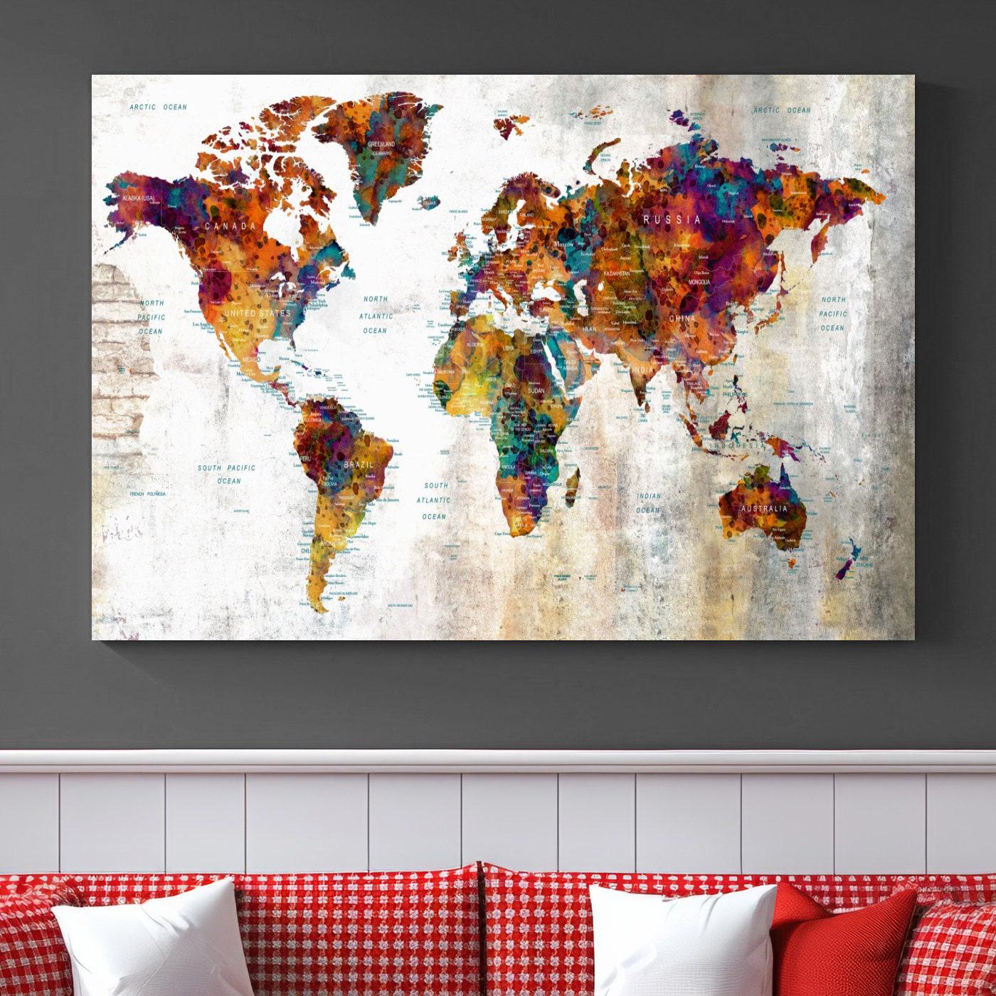 Vibrant 3-panel World Map Canvas Art – Grunge Map Framed and Ready to ...
