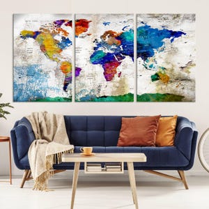 Rustic Blue World Map 3-panel Framed Wood Style Map Wall Art Ready-to ...
