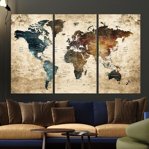 Rustic World Map Canvas Print, Framed Vintage Wall Art for Living Room ...