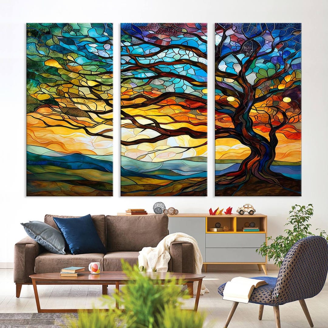 Vibrant Mosaic Tree of Life Canvas Wall Art, Stained Glass Style Nature ...