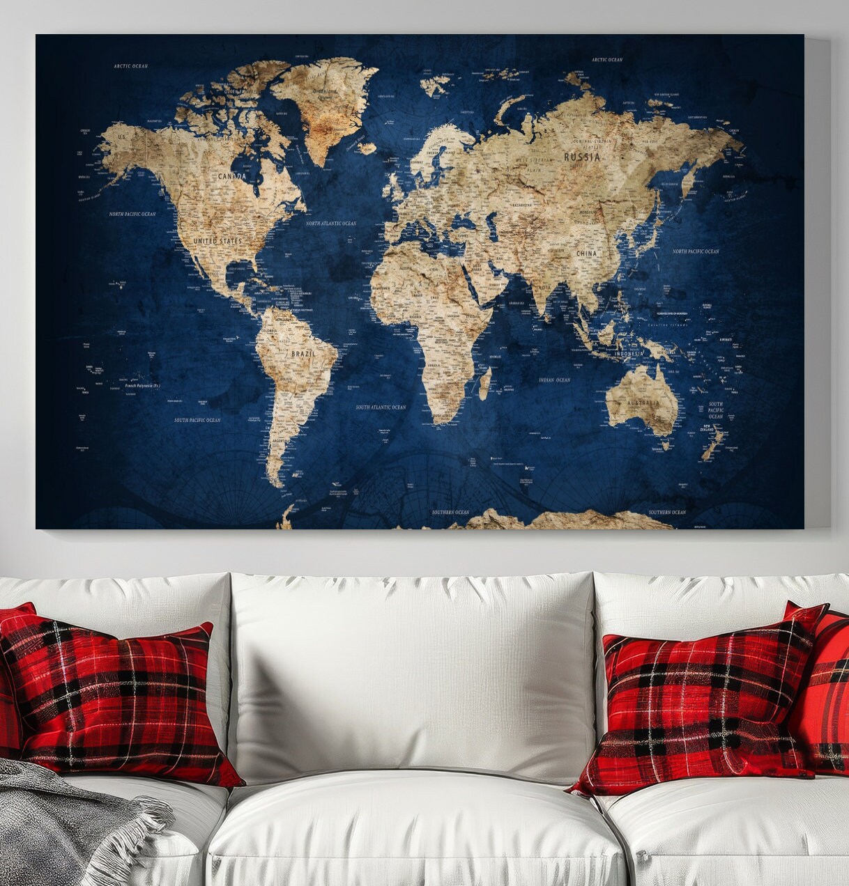 Navy Blue Detailed World Map Wall Art Canvas Print - Brown Blue Map on ...