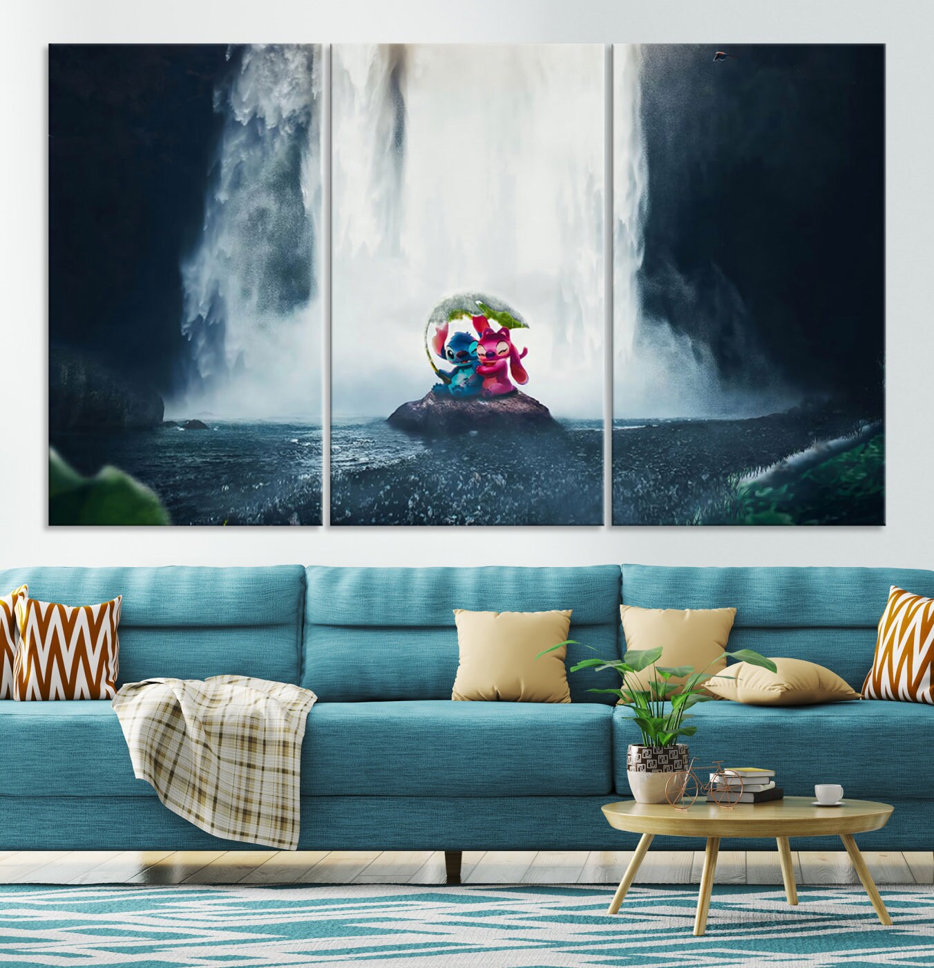 Stitch and Angel Under Waterfall Wall Art Canvas Print, Lilo & Stitch ...
