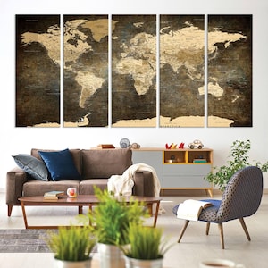 Vintage World Map Print, 3 Multi Panel Map, World Map Canvas Art ...