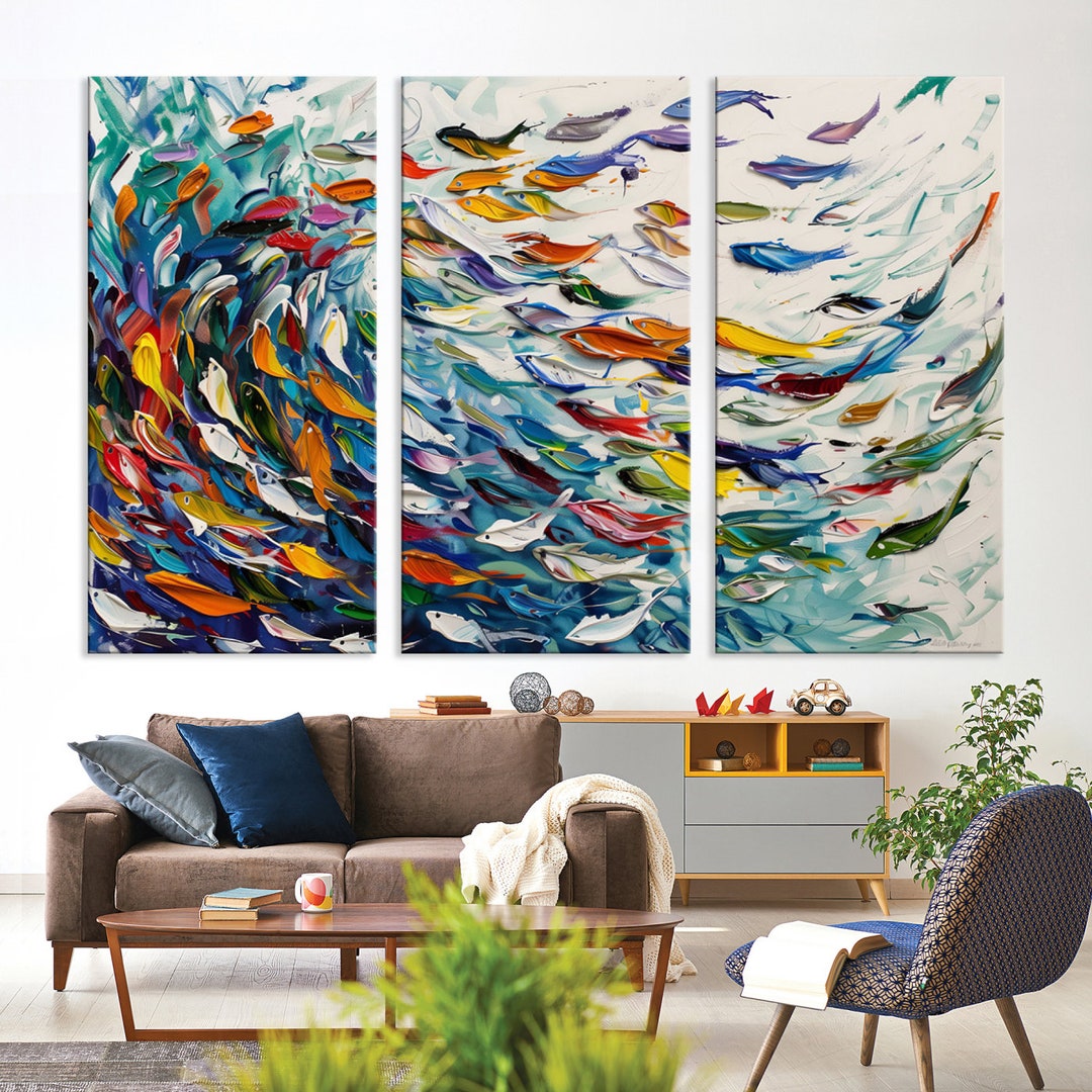 Modern Abstract Fish Shoal Wall Art Canvas Print, Colorful Fish Herd ...
