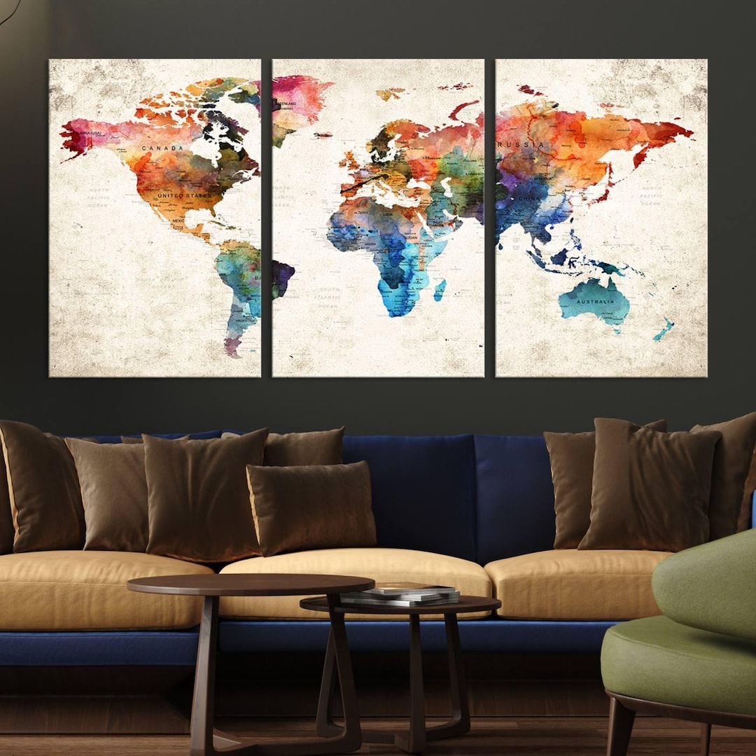 Vibrant Global Map Wall Art ~ World Map Canvas Print, Multi Panel World ...