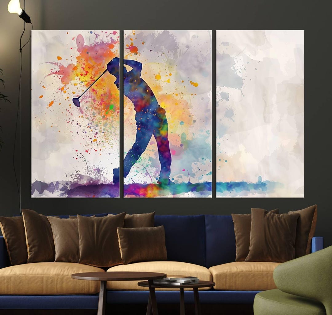 Watercolor Golf Player Watercolor Triptych Canvas Wall Art, Abstract ...