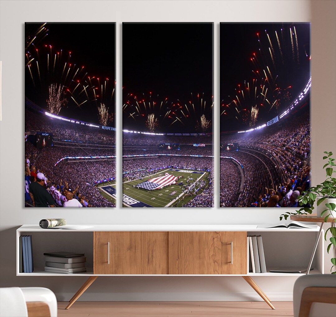 Metlife Stadium Canvas Wall Art - Panoramic Night Game Fireworks View ...