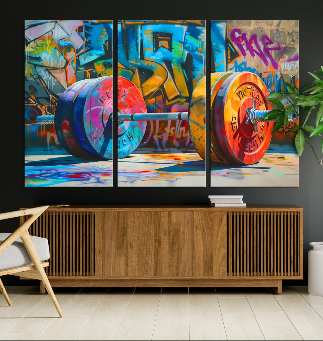 Fitness Wall Decor | Gym Canvas Wall Art | Barbell Graffiti Print ...