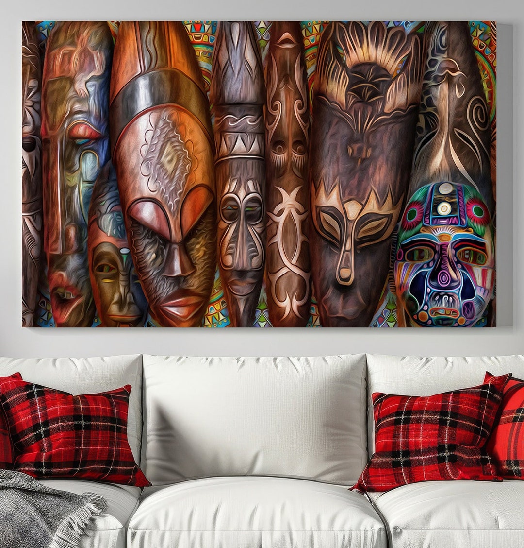 African Traditional Masks Canvas Wall Art Design | Mask Poster Print ...