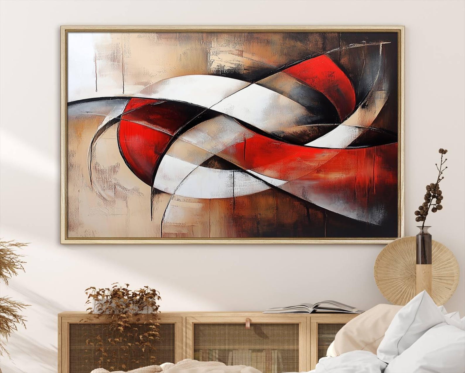 Abstract Wall Art - Modern Red and White Geometric Abstract Canvas Wall ...