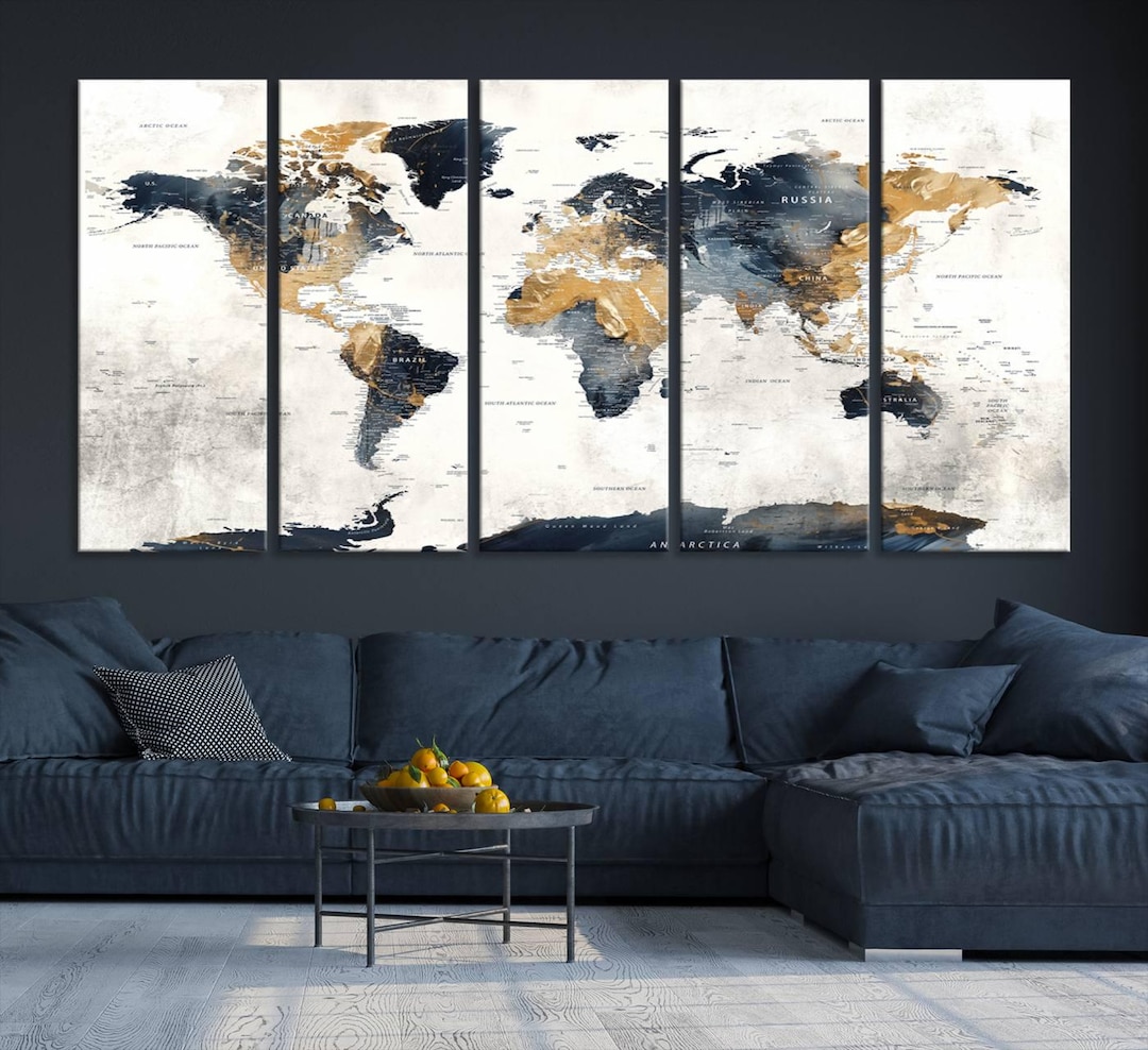 Modern Colorful World Map, Framed Multi Panel World Map Print, Office ...