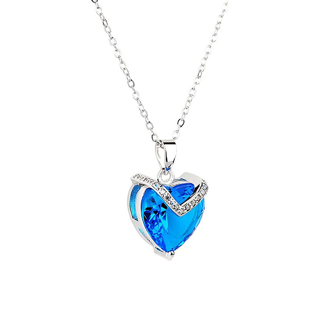 Blue Crystal Heart Necklace; 18K White Gold Plated 925 Sterling Silver ...