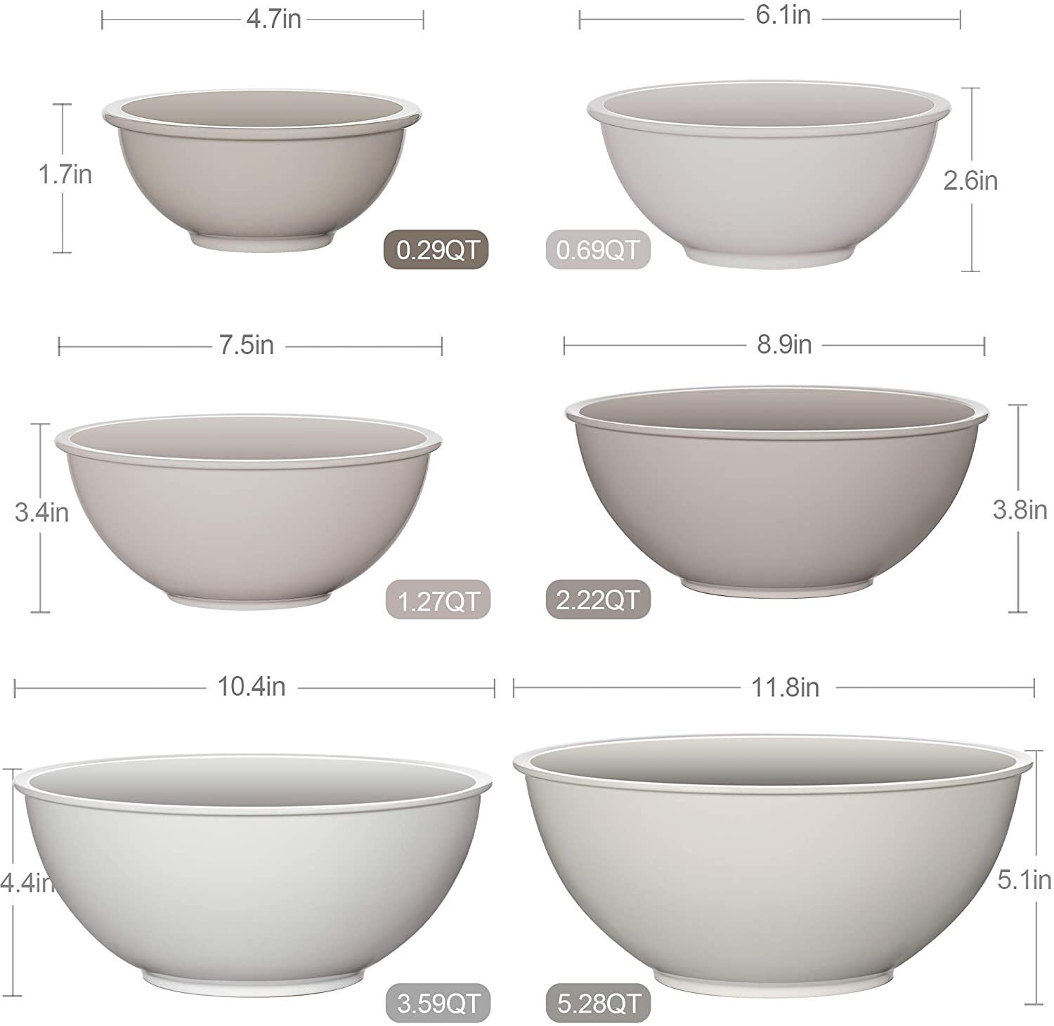 Plastic Mixing Bowls Set, 6 Pcs Serving Bowls for Kitchen Cooking ...