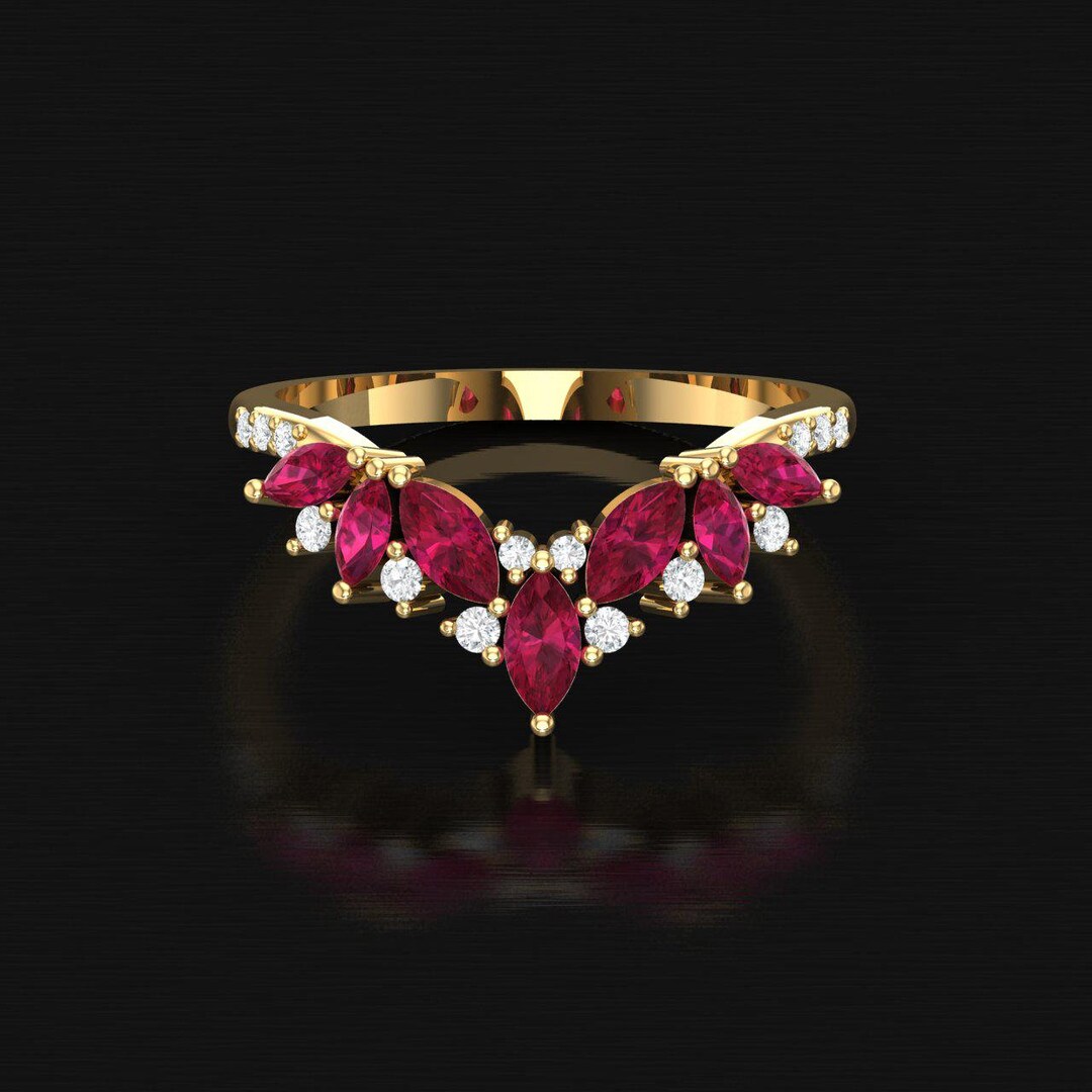 Ruby Curved Engagement Ring Marquise Curved Wedding Band Stacking Ring Art Deco 14K Gold Ring ...