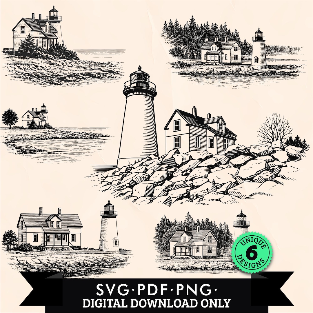 Prospect Harbor Point Light SVG Bundle | 6 Vintage Lighthouse Designs ...
