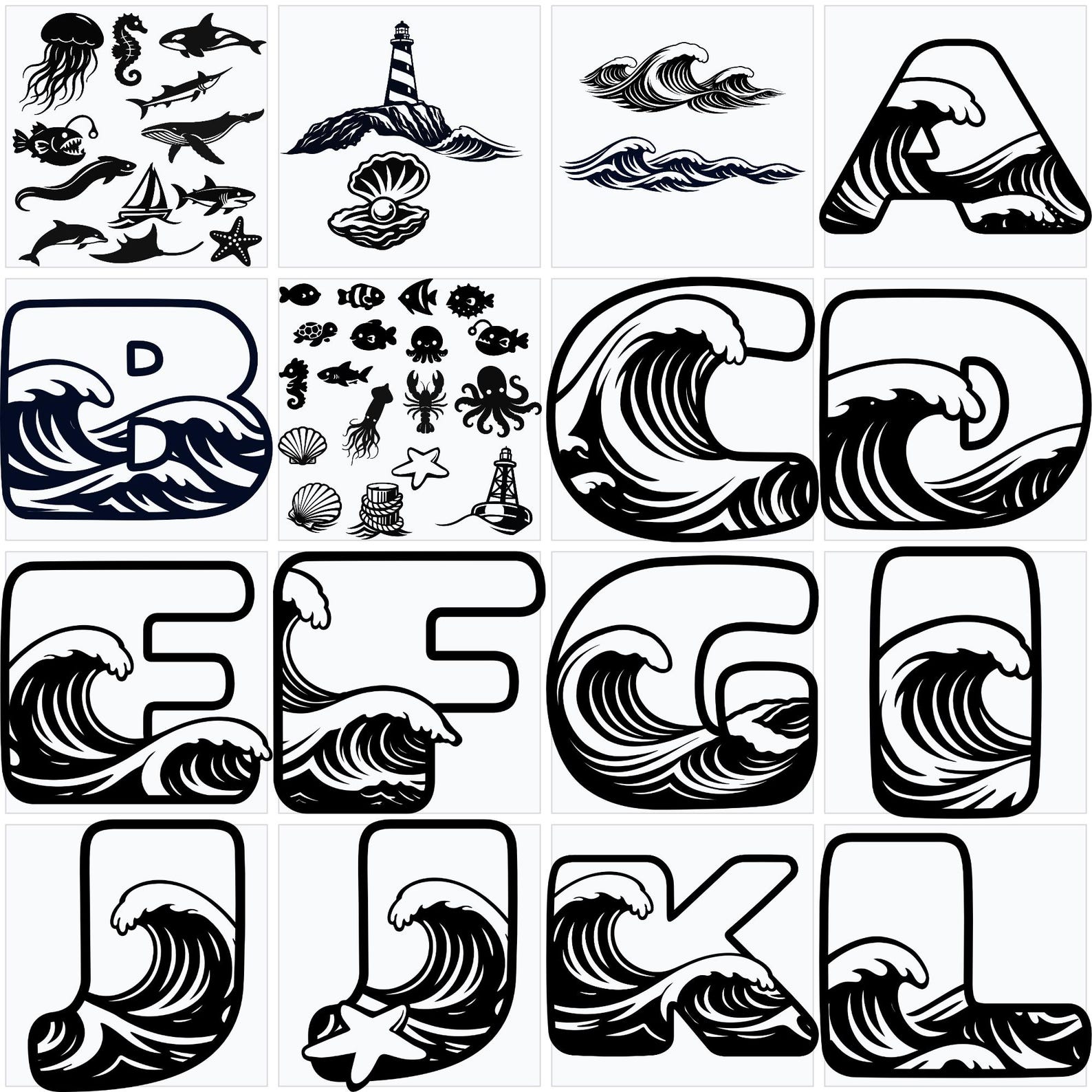 Ocean Wave Nursery Name Sign SVG | Nautical Alphabet Letters for Laser ...