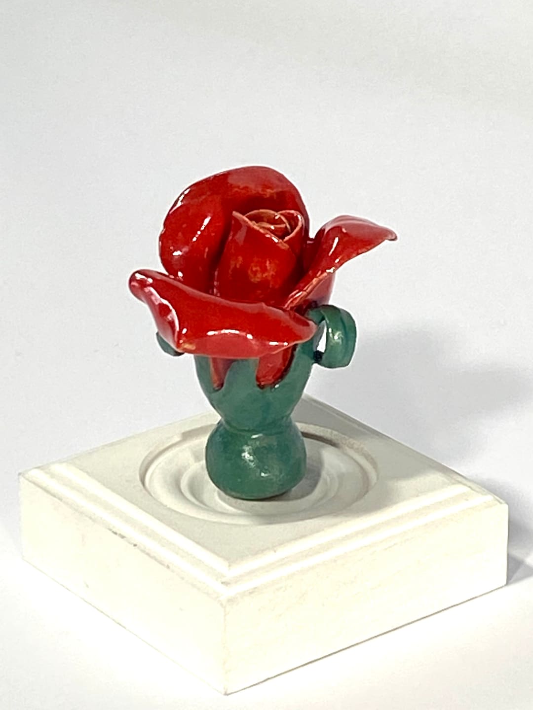 Red Ceramic Rose Bud, Stoneware China Ceramic on White Wood Stand, One ...
