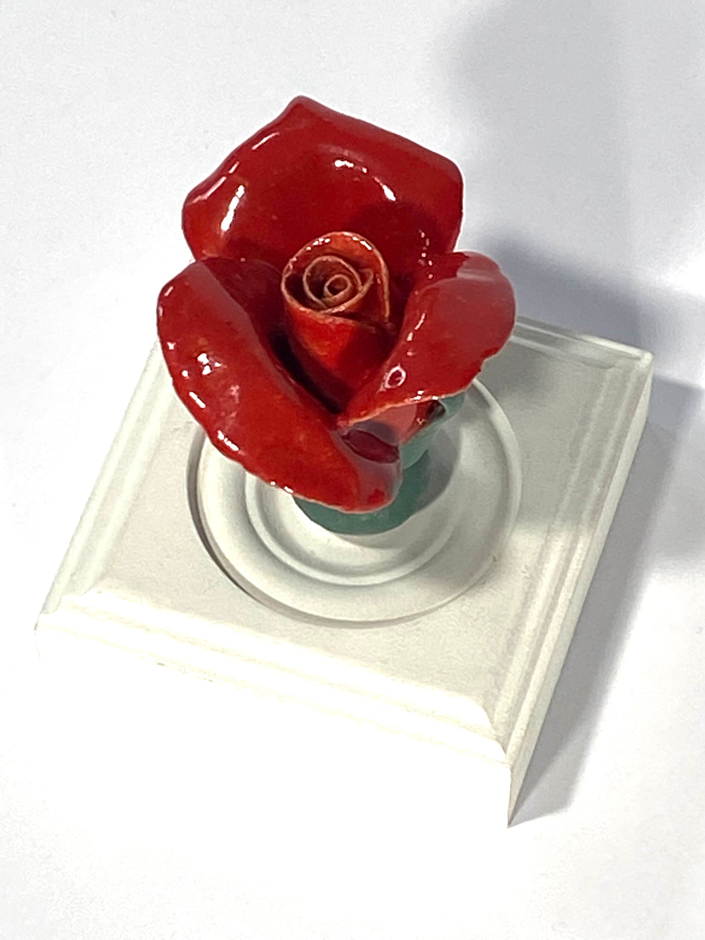 Red Ceramic Rose Bud, Stoneware China Ceramic on White Wood Stand, One ...