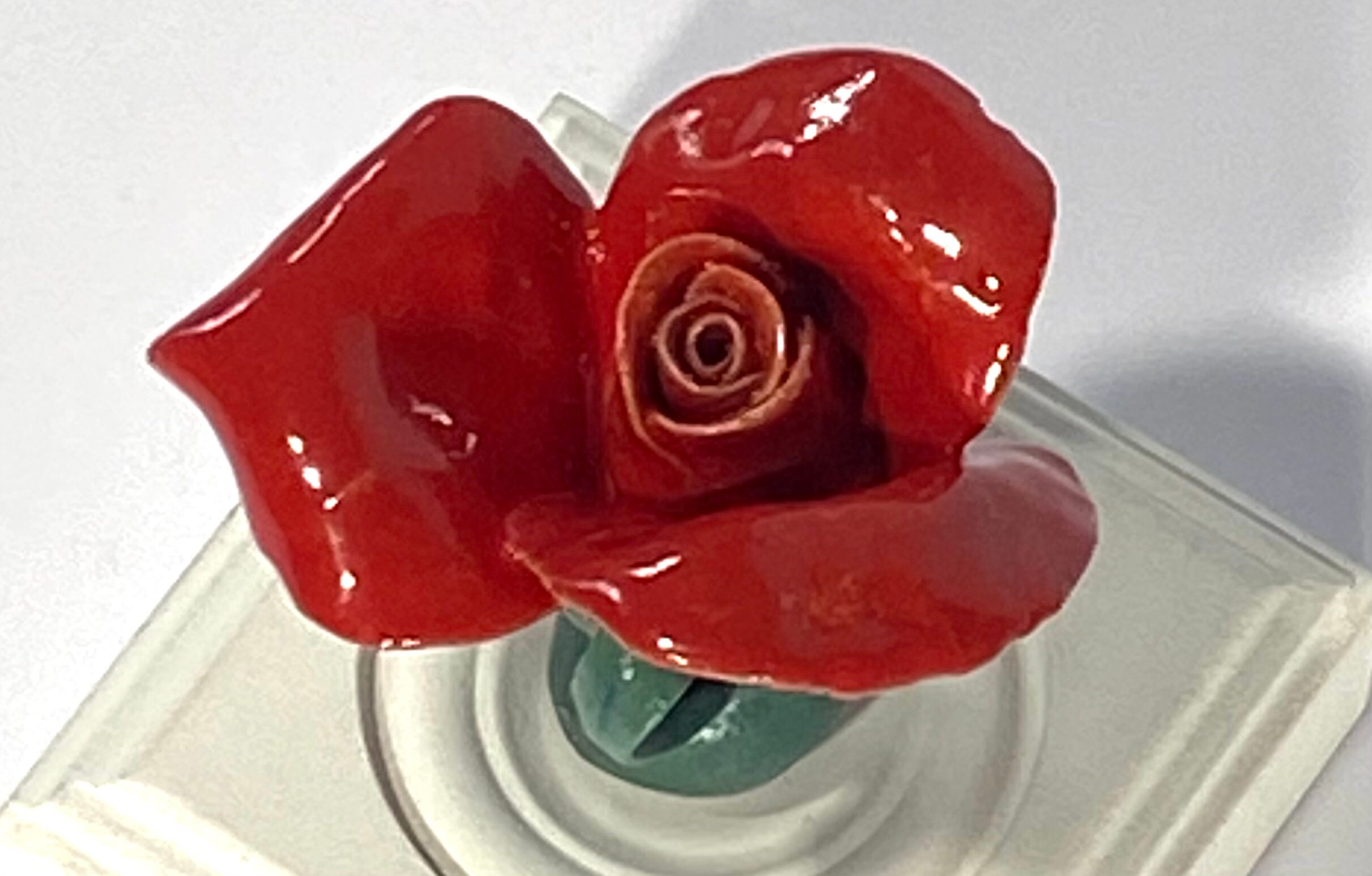 Red Ceramic Rose Bud, Stoneware China Ceramic on White Wood Stand, One ...