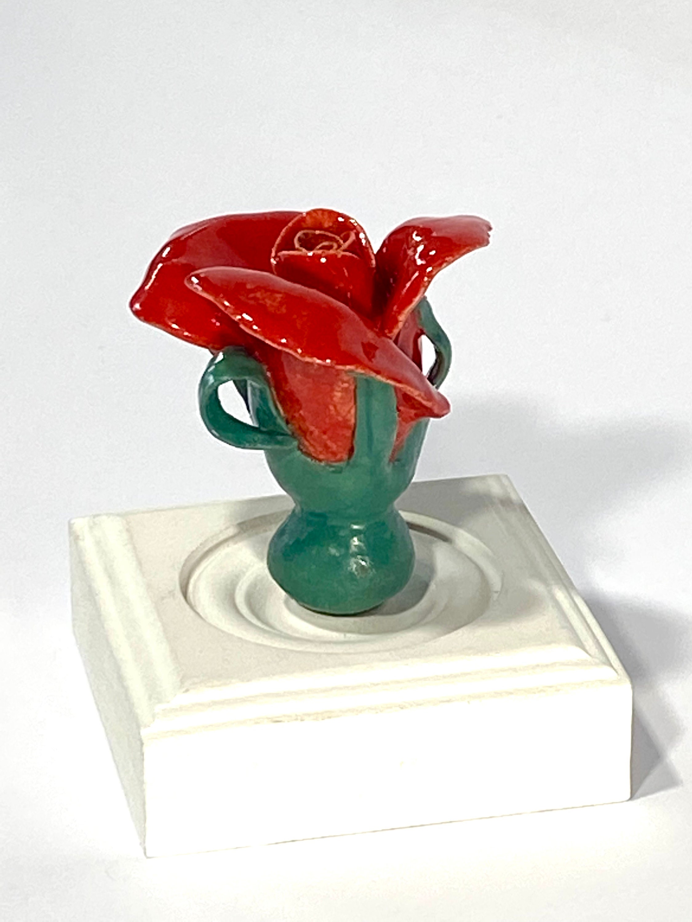 Red Ceramic Rose Bud, Stoneware China Ceramic on White Wood Stand, One ...