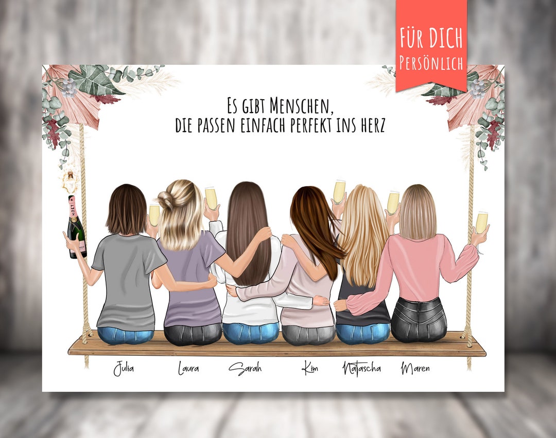 Poster “6 BFF Best Friends on the Swing” Personalized Gift for Friends, Besties, Sitting Women ...