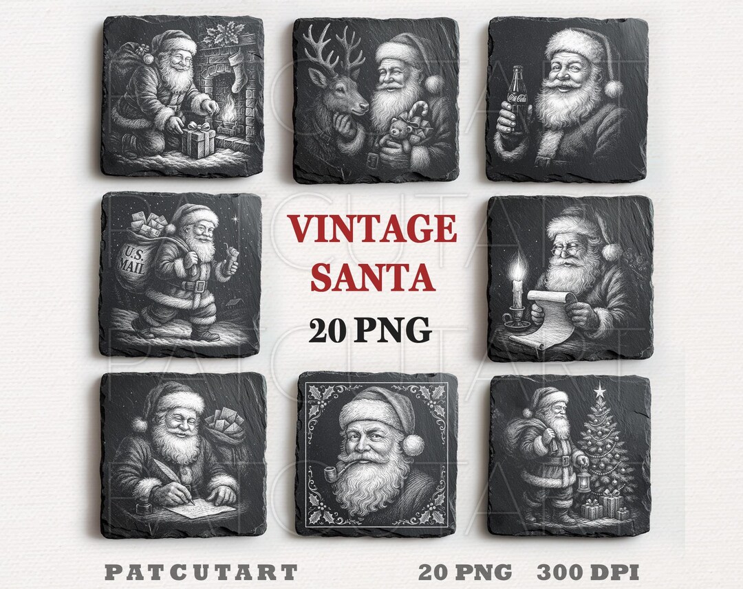 Christmas Santa Slate Engraving Files, Santa Portraits Png, Vintage ...