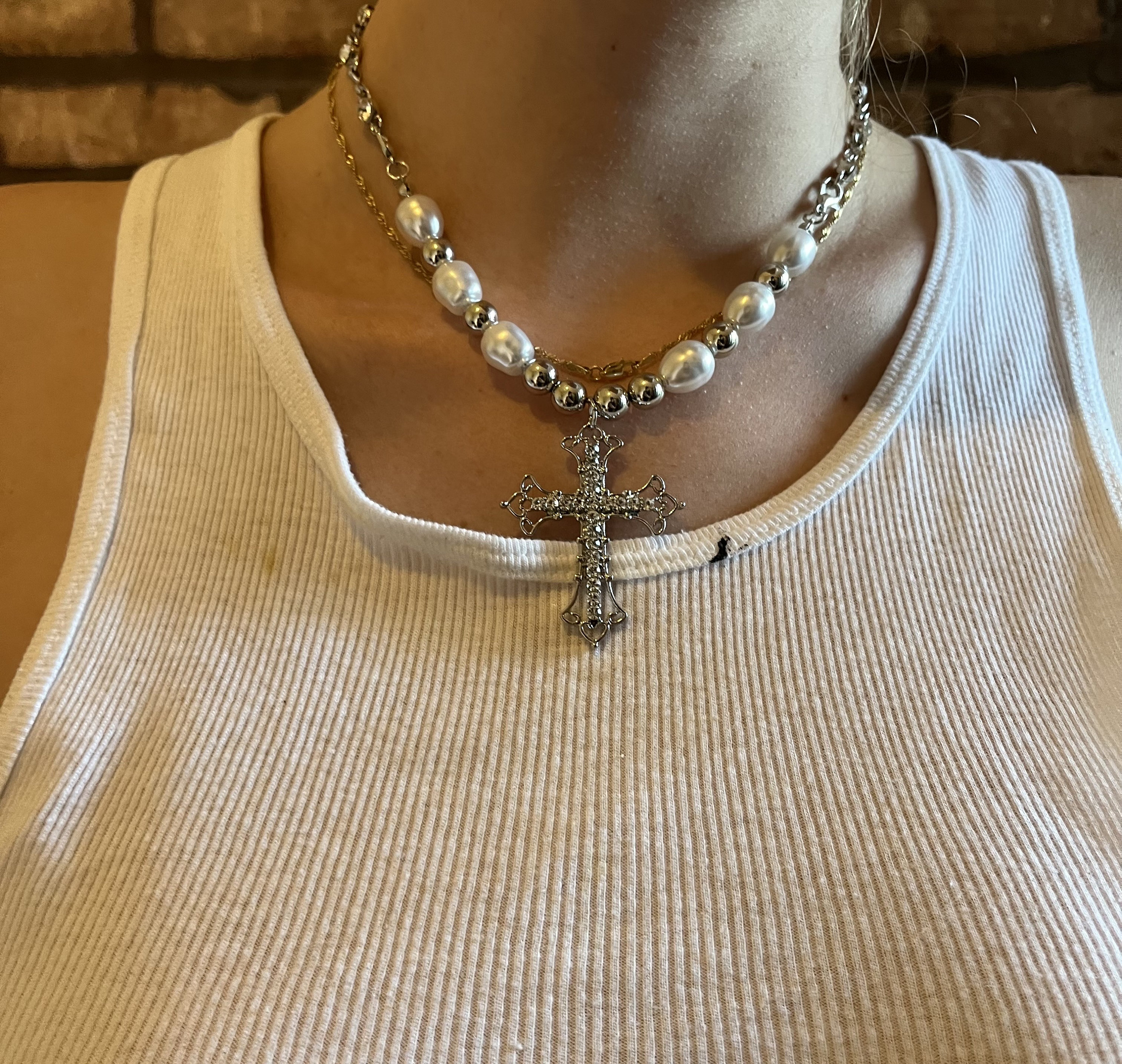 Y2K Cross Necklace Pendant Shiny Y2k Rhinestone Style Bead Necklace - Etsy