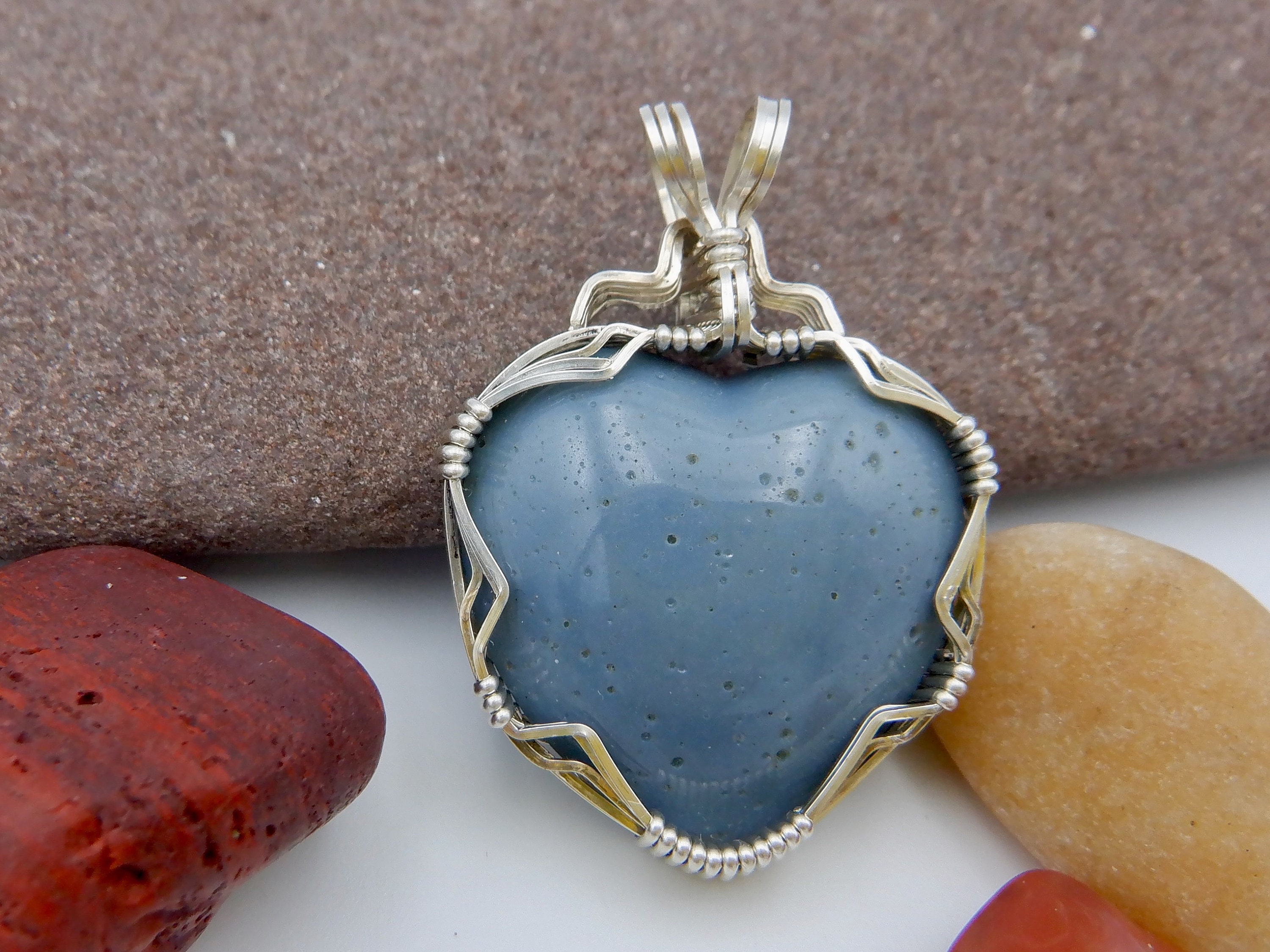 Leland Blue Stone Heart Pendant Blue Slag Glass Jewelry Lake - Etsy
