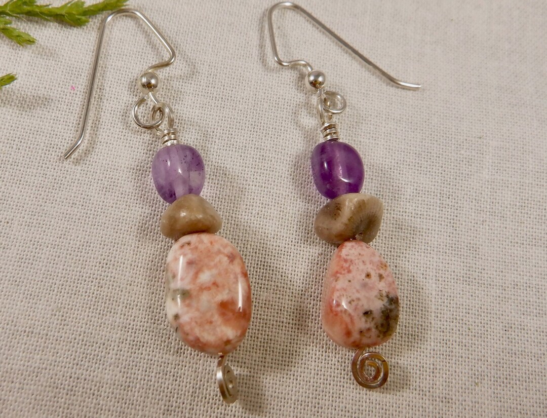 Amethyst, Petoskey Stone and Pink Prehnite Bead Earrings, Great Lakes ...