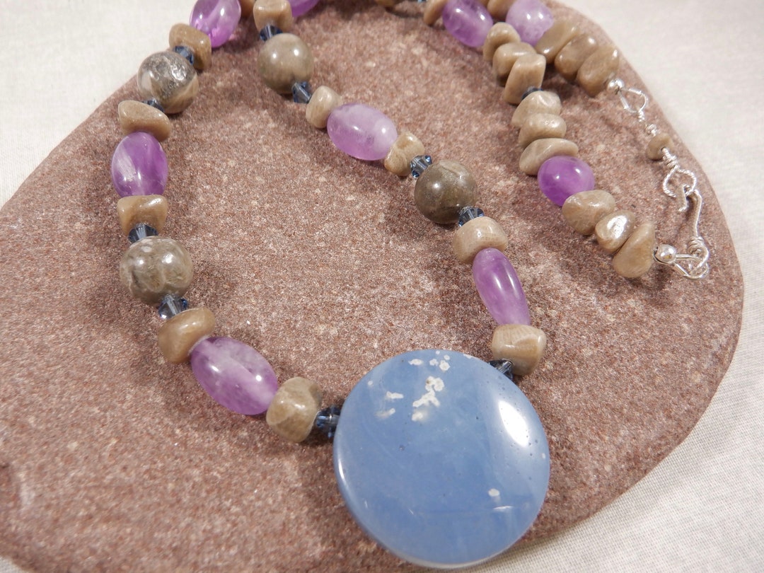 Leland Blue, Petoskey Stone, and Amethyst Necklace, Blue Slag Glass ...