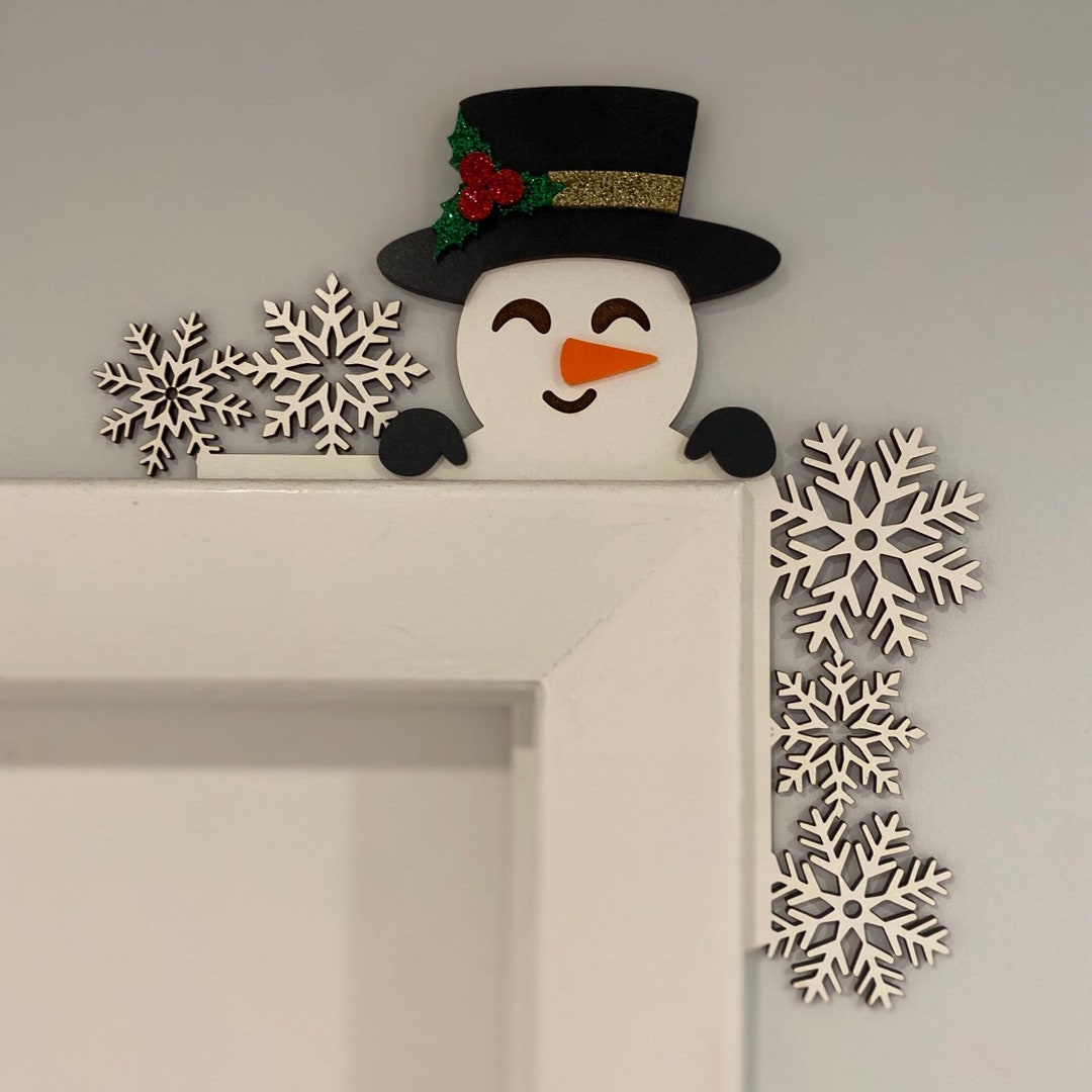 Christmas Door Corner With Snowman With Festive Top Hat and Snowflakes ...
